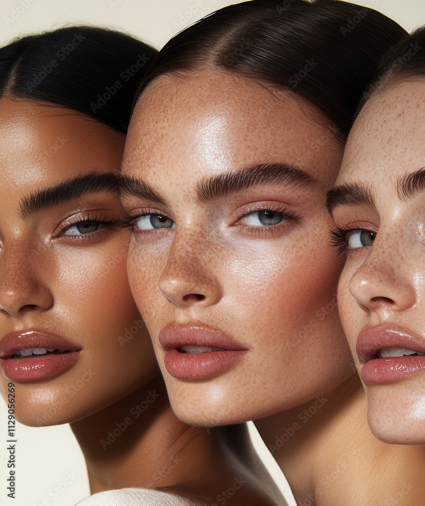 Three women with diverse skin tones and striking features pose close ...