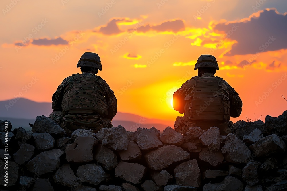 Two soldiers sit on a stone wall at sunset, silhouetted against a ...