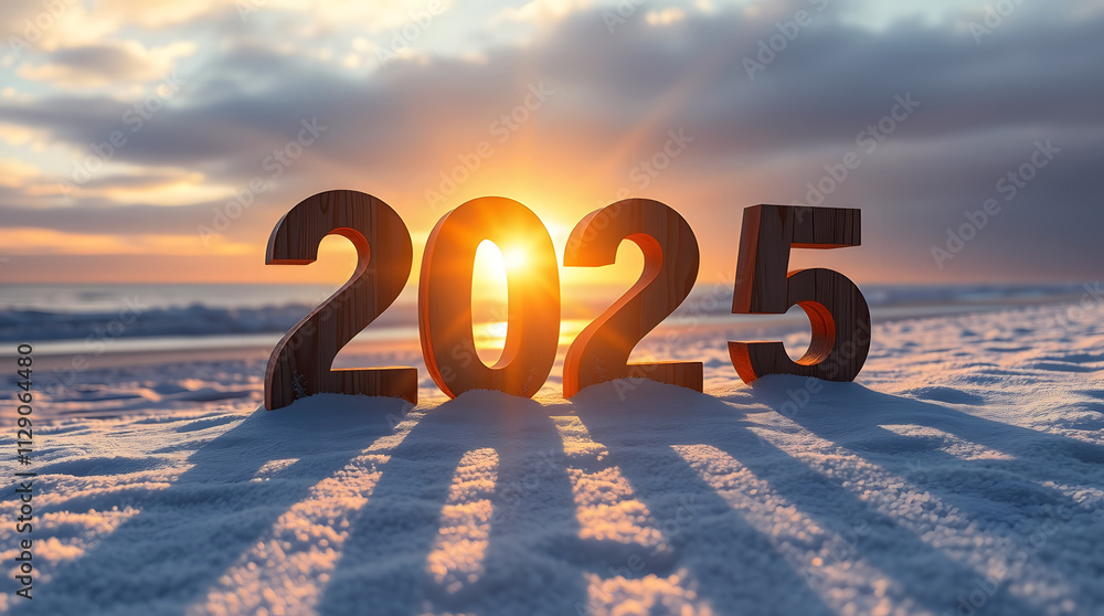 The large 2025 numbers are displayed prominently on a beach, waves ...