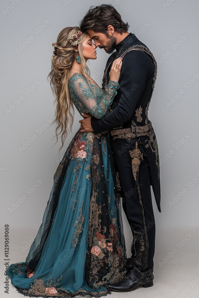 Elegant couple in traditional attire embracing in romantic pose against ...