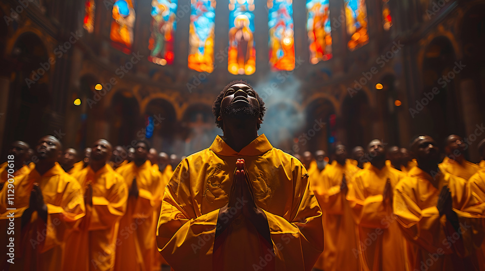 African American gospel choir in radiant yellow robes praying in unison ...