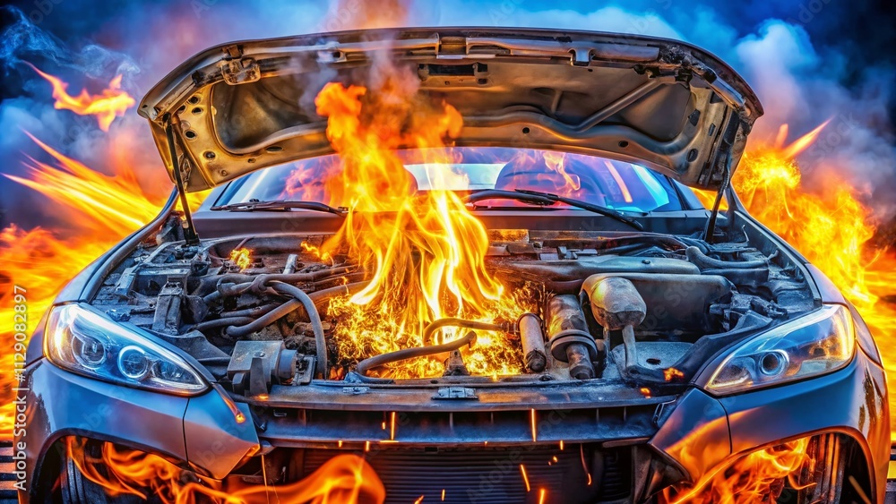 Panoramic View of a Damaged Electric Vehicle Motor Compartment ...