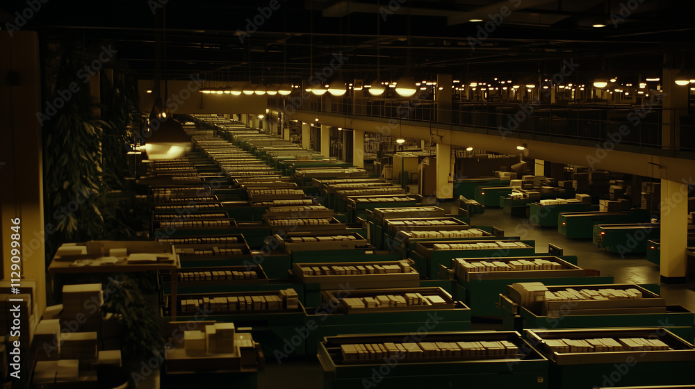 Efficient mail sorting facility with conveyor belts full of letters and ...