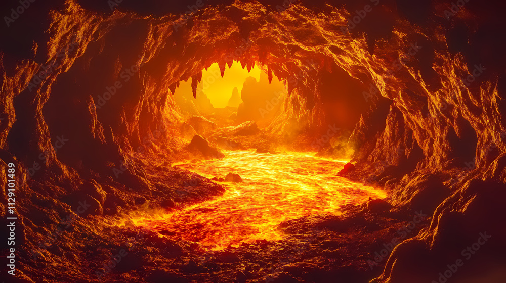 Game background with lava cave. fantasy hell landscape with fire magma ...