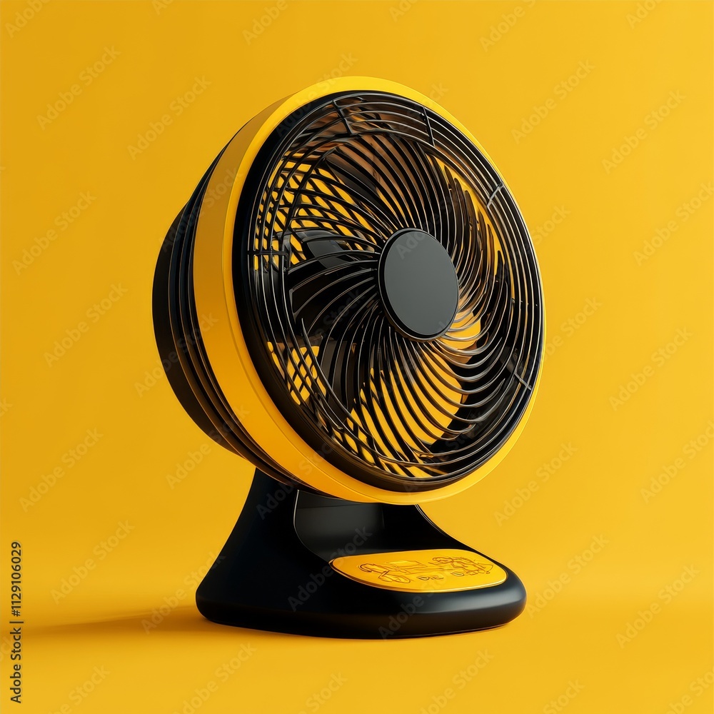 Side view of realistic portable fan in black and yellow colors. Climate ...