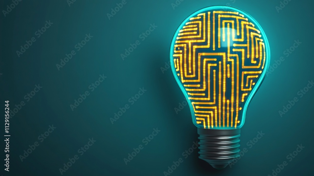 Illuminating Innovation: A glowing lightbulb, its filament replaced by a complex circuit board ...