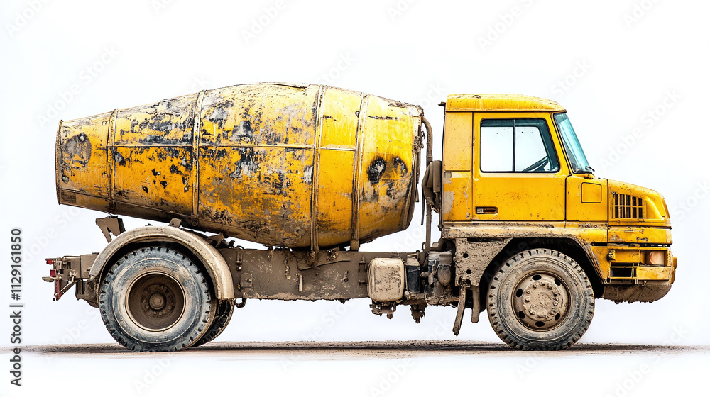 Yellow cement mixer truck isolated on white background. construction ...