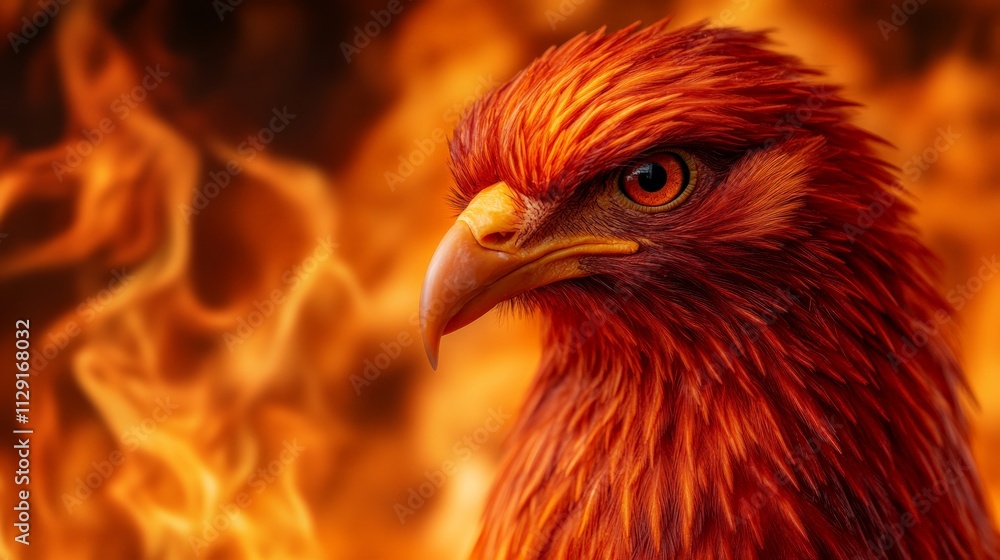 Fiery Resolve: A majestic eagle with fiery plumage stares intensely ...