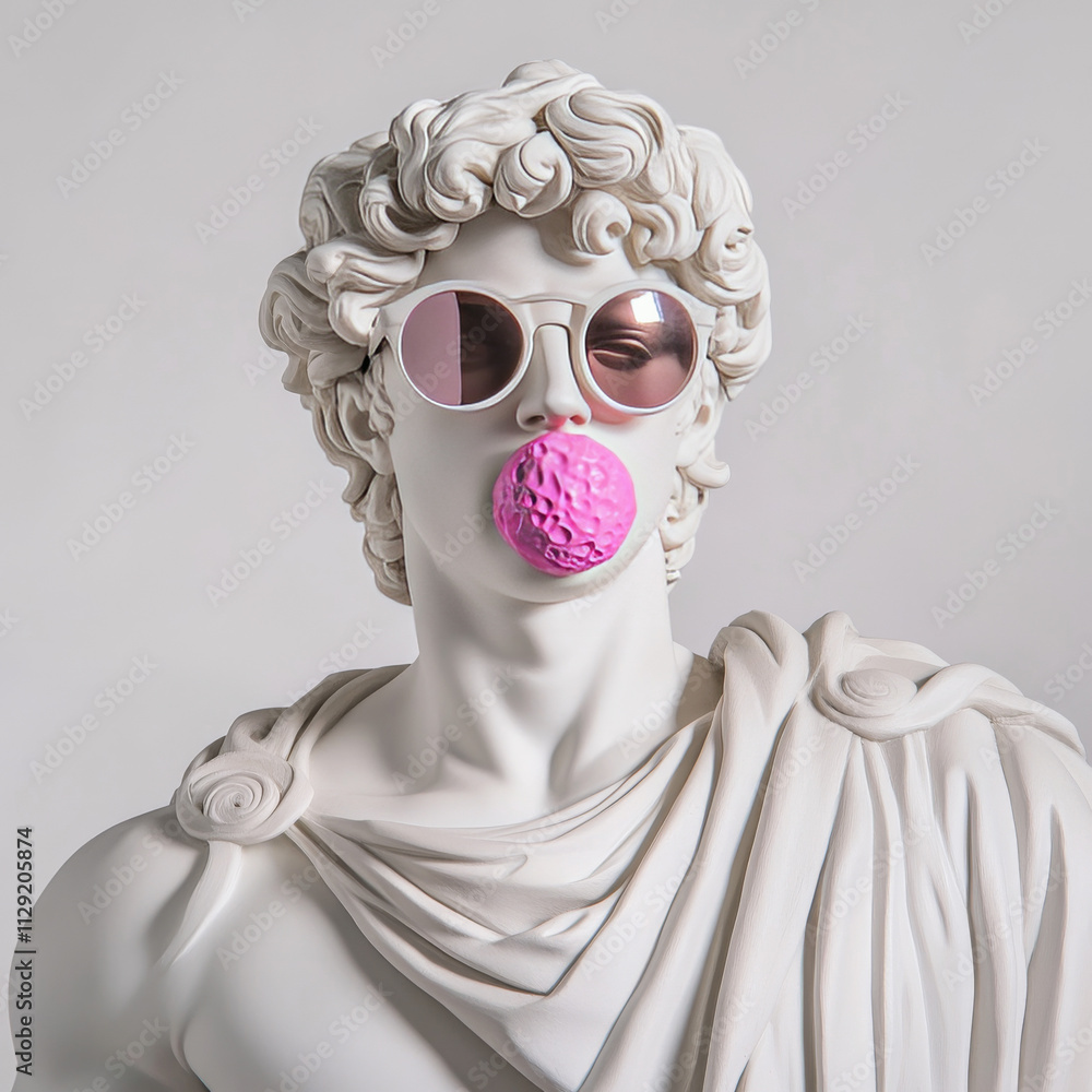 apollo greek statue in sunglasses and toga chewing pink gum . Isolated ...