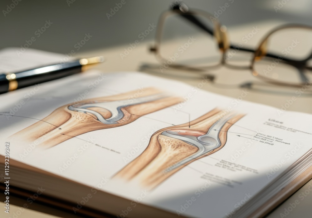 Open medical textbook showing detailed illustrations of human knee ...