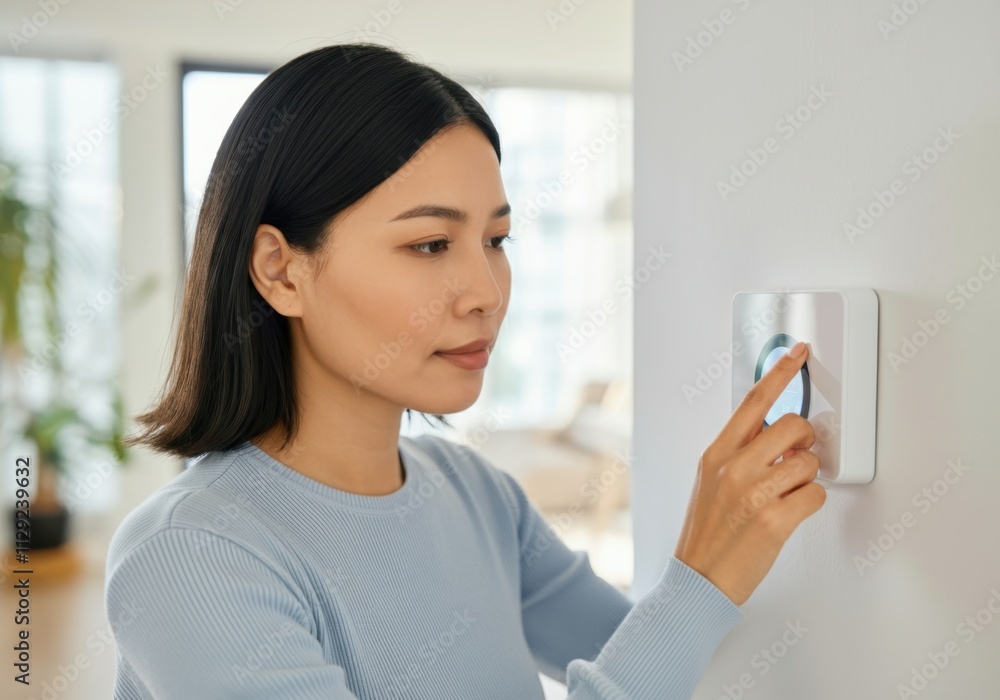 Woman using smart home automation system setting temperature on wall ...
