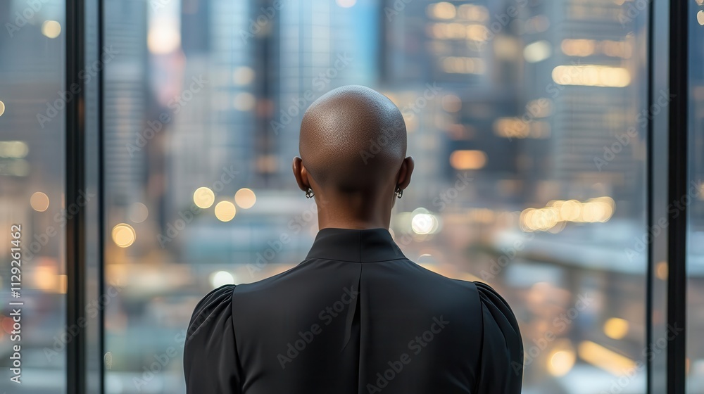 Bald Black woman from behind, standing in front of a large window, the ...