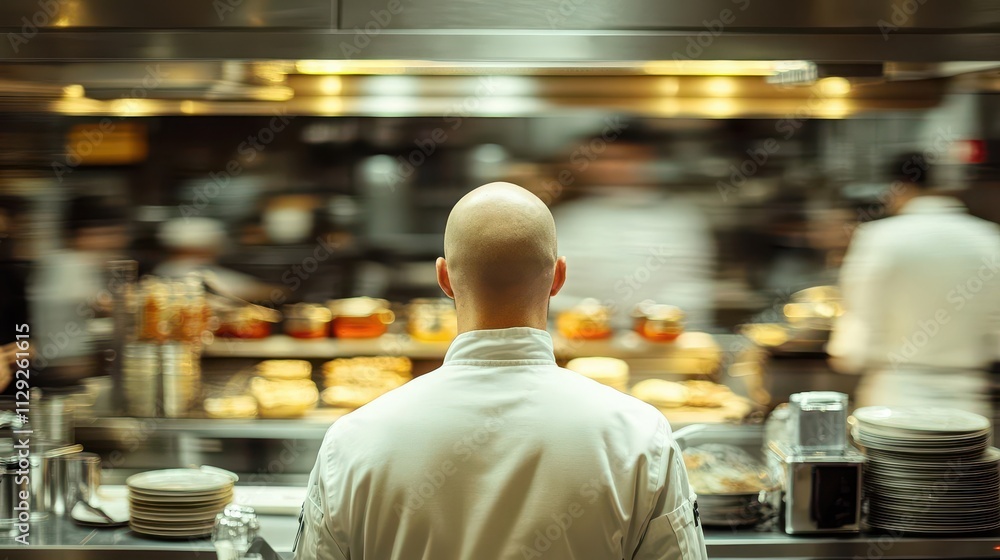 Bald white man seen from the back, dressed in a chef s uniform ...