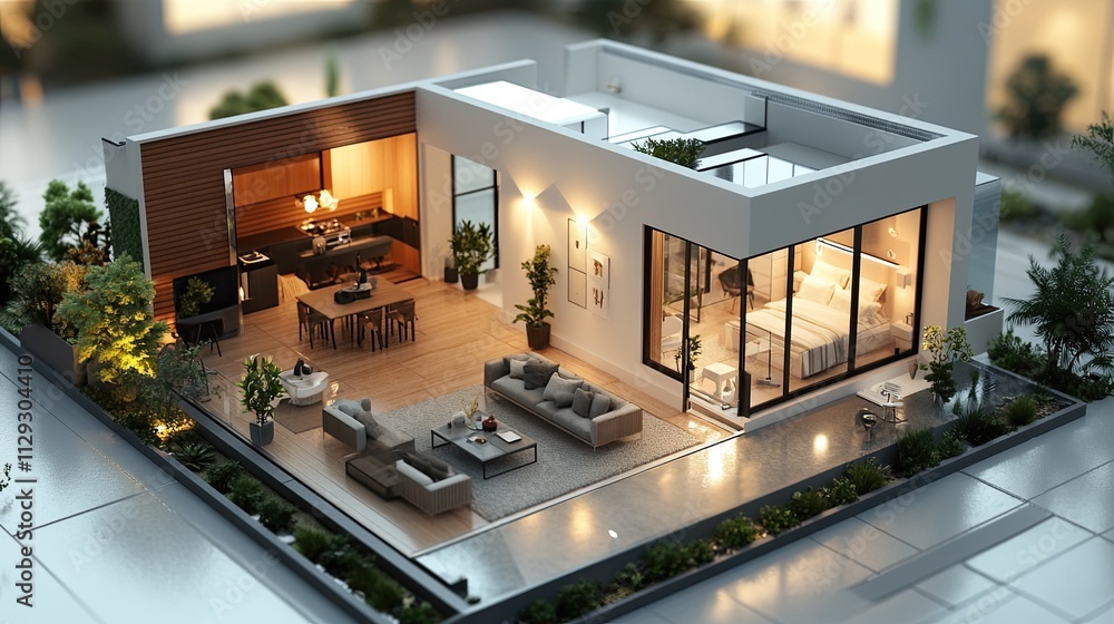 Using a 3D model of a modest house on an architectural floorplan, Stock Photo | Adobe Stock