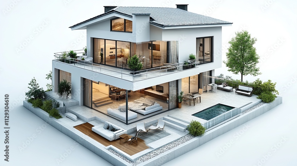 Using a 3D model of a modest house on an architectural floorplan, Stock Illustration | Adobe Stock