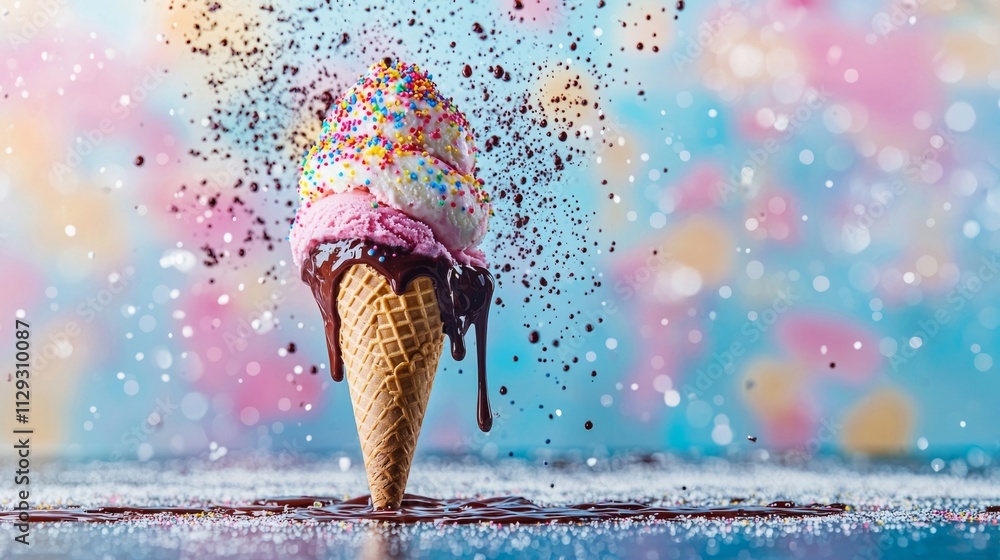 Vibrant ice cream cone overflowing with swirls of pink, white, and blue ...