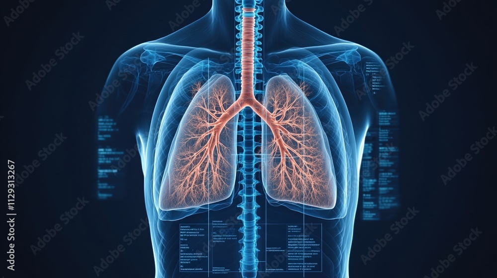 Detailed human lungs and respiratory system anatomy with highlighted ...