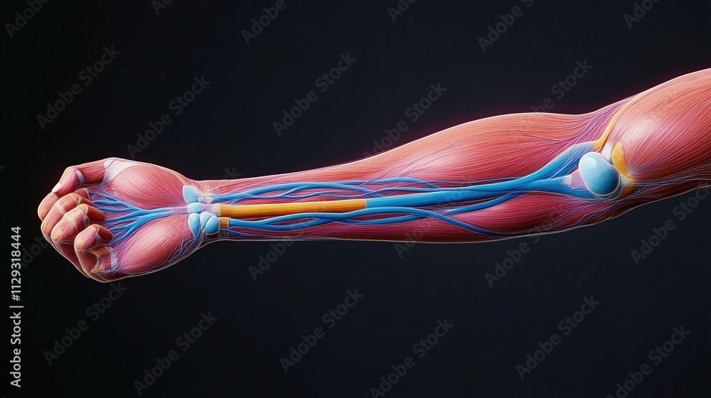 Detailed illustration showing the anatomical structures of a human arm ...