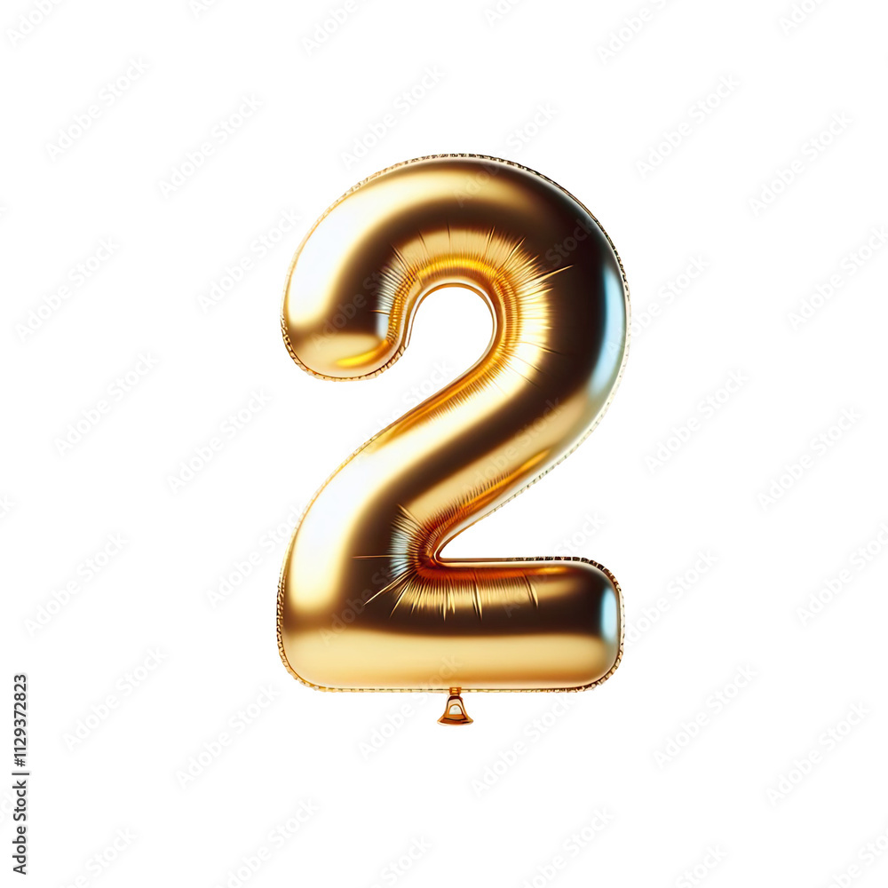 golden Number 2 Balloon, Shiny balloon shape party decoration, isolated ...