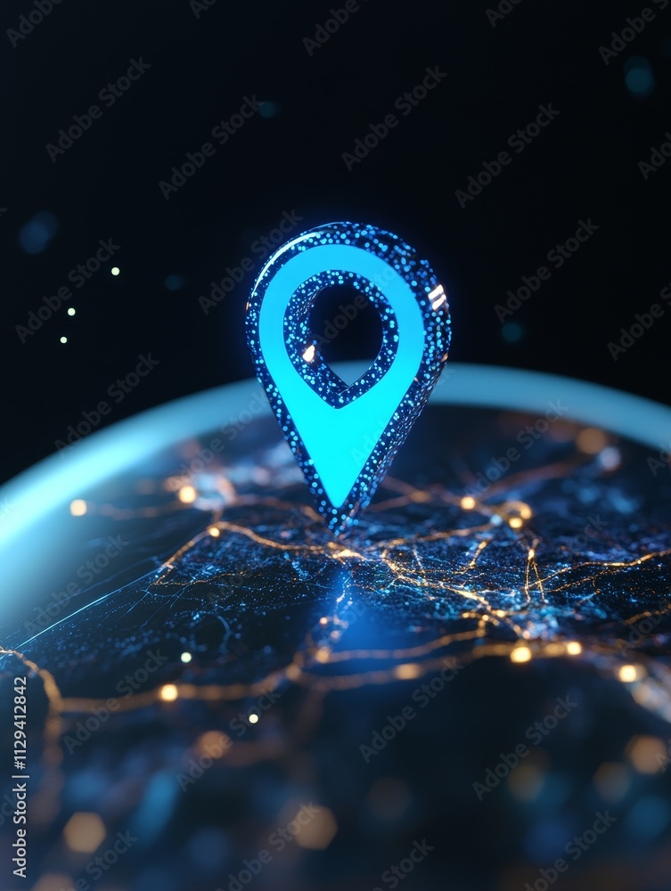 Digital map marker icon over a glowing globe highlighting global ...