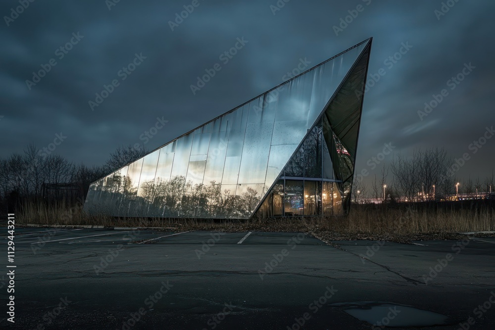A unique, triangular-shaped building with metal panels reflecting the ...