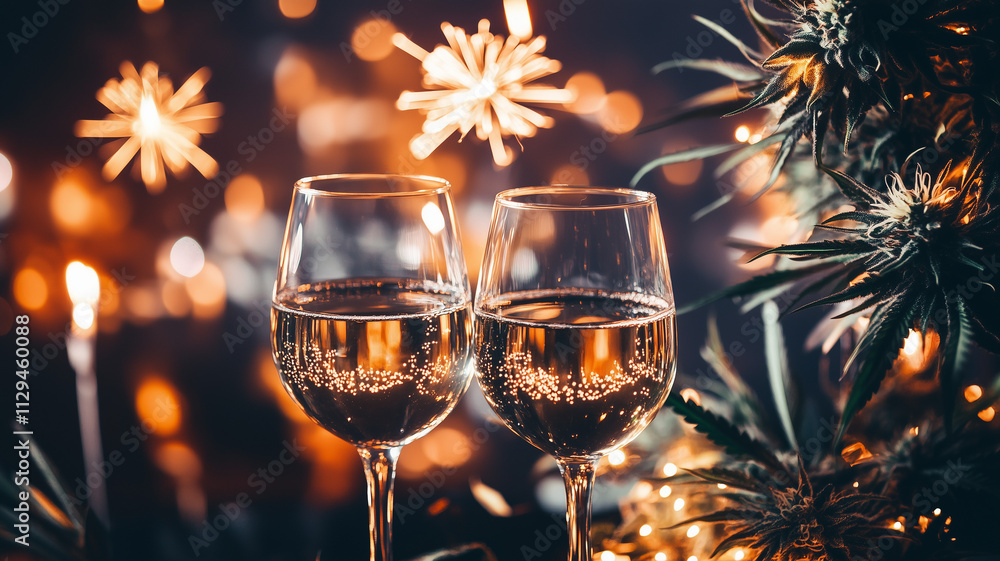 Marijuana buds next to two glasses of champagne with fireworks in the ...