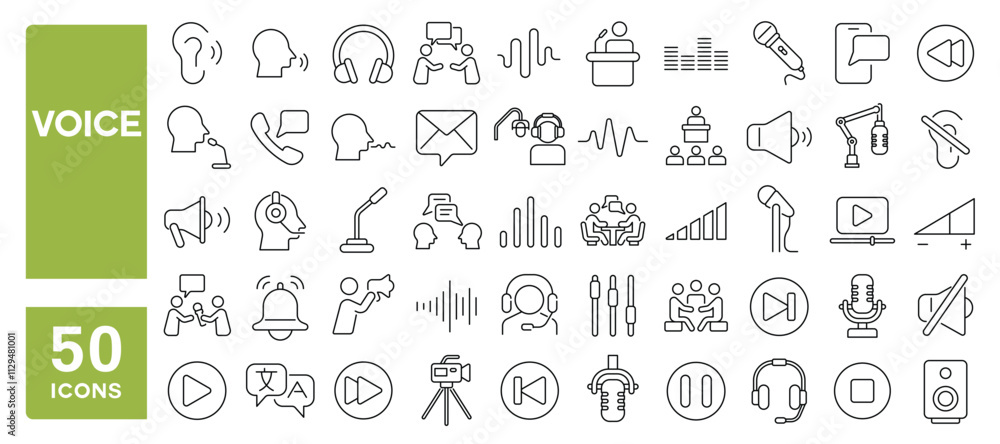 Set of 50 line icons related to voice, speak, message, microphone, talk ...