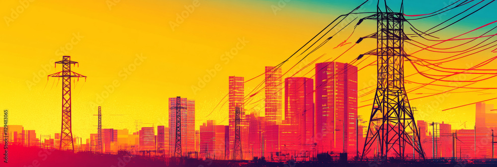 Artistic graphic of electric lines framing a vivid urban skyline, with ...