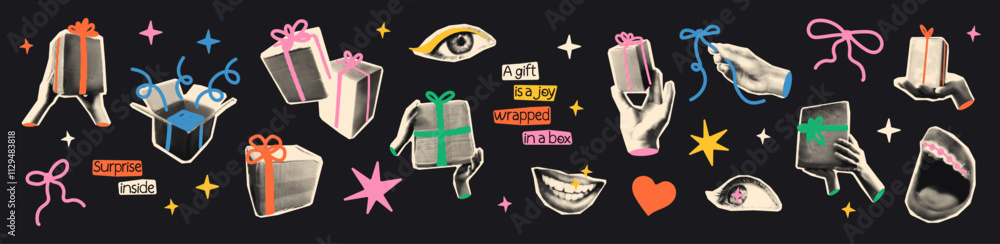 Gift boxes halftone art collage cut outs set. Various paper clipping ...