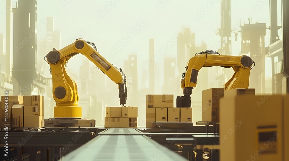 A photo of robot arms in an industrial setting, picking up and placing ...