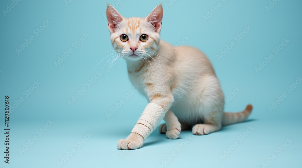 White Cat with Injured Paw with Bandage against Clean Blue Background ...