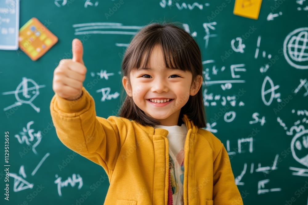 Child smiles and gives thumbs up in classroom with chalkboard covered ...