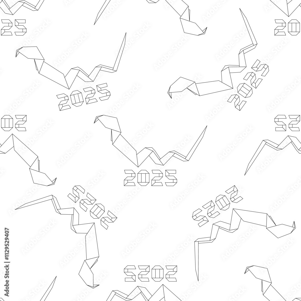Vector seamless pattern with black origami snake under number 2025 ...