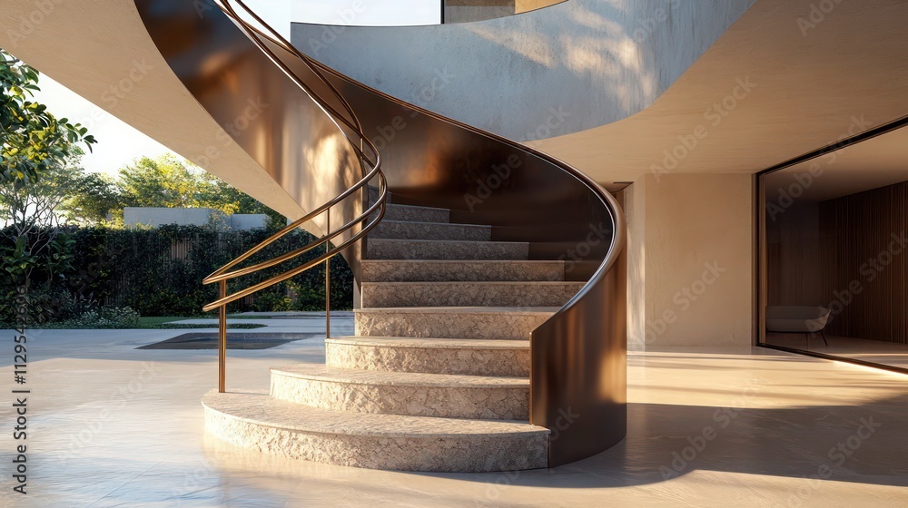 A sleek spiral staircase with stone steps and bronze railings, set in ...
