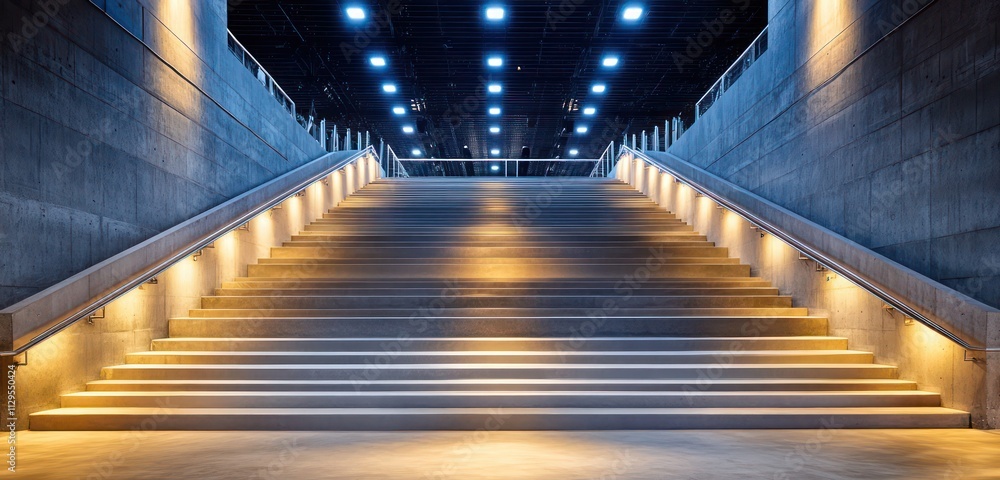 A wide stadium staircase with smooth concrete steps, illuminated by ...