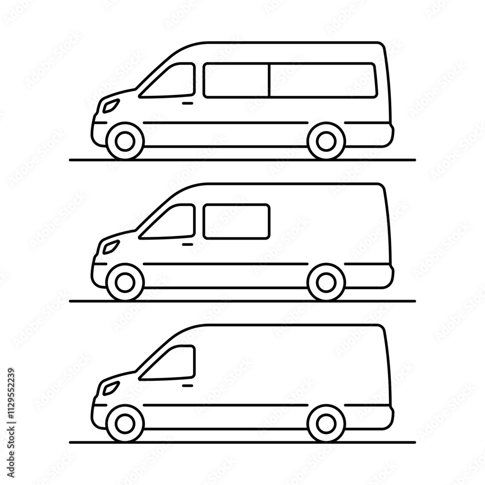 Minibus icon. Black outline linear silhouette. Editable strokes. Side ...