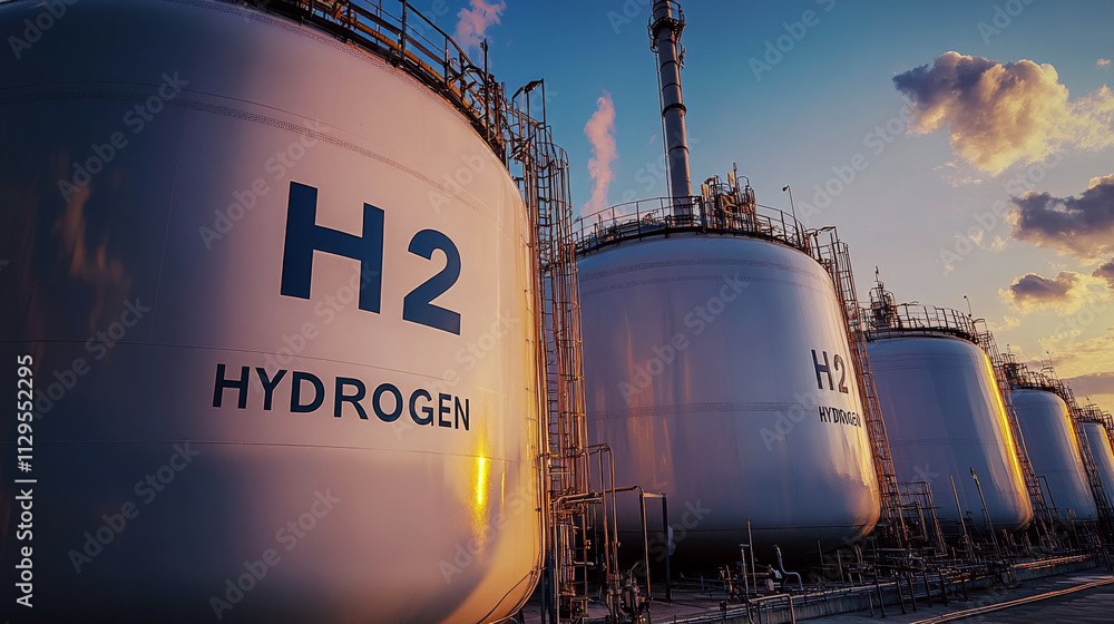 Large storage tanks labeled "H2" under a sunset sky with clouds in the ...