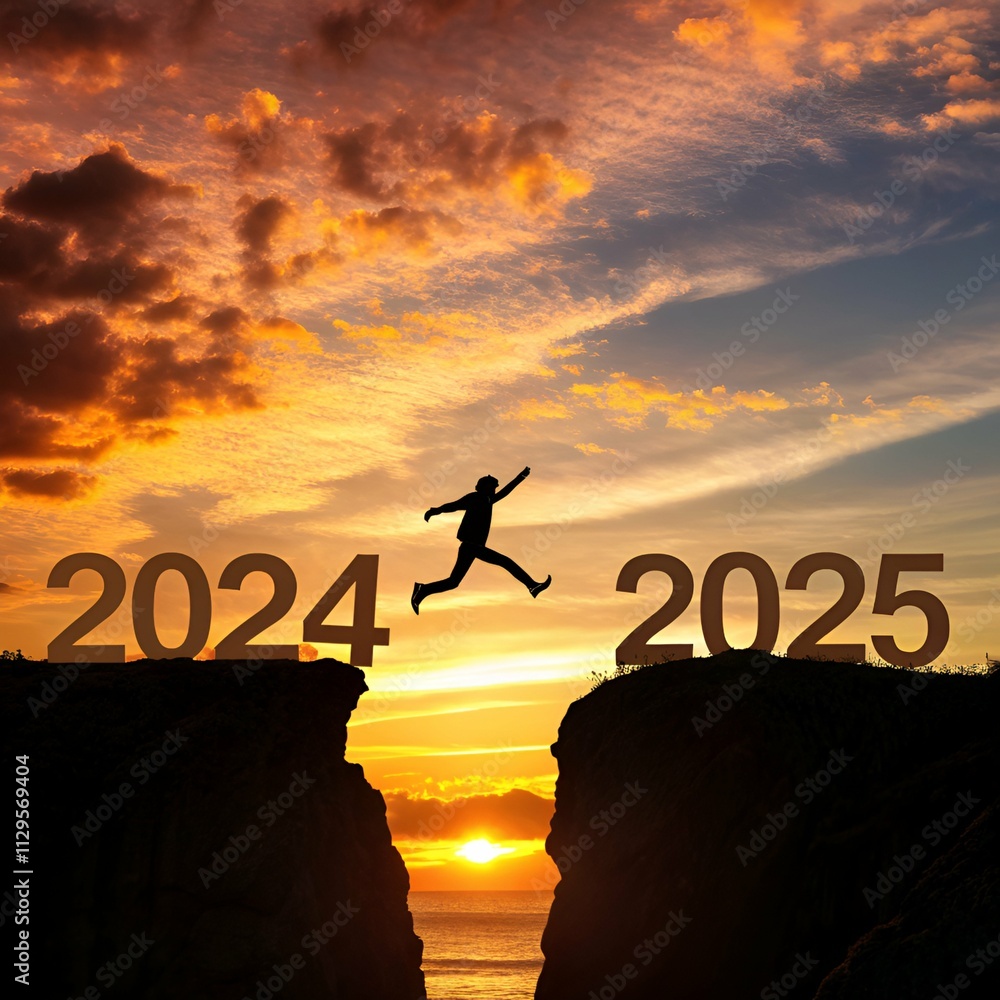 Silhouette BusinessMan jumping from 2024 cliff to 2025 cliff on sky ...