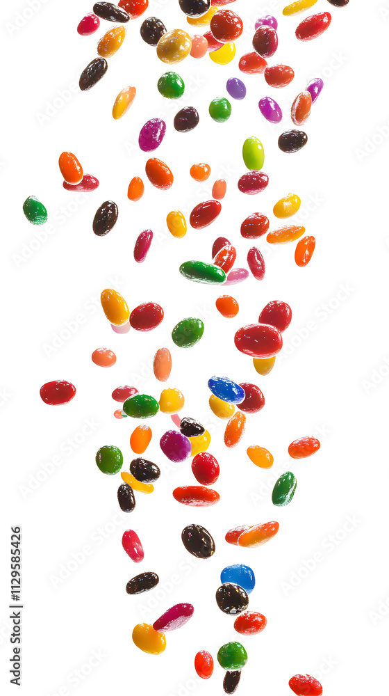 Falling Jelly Beans isolated on white background, full depth of field ...