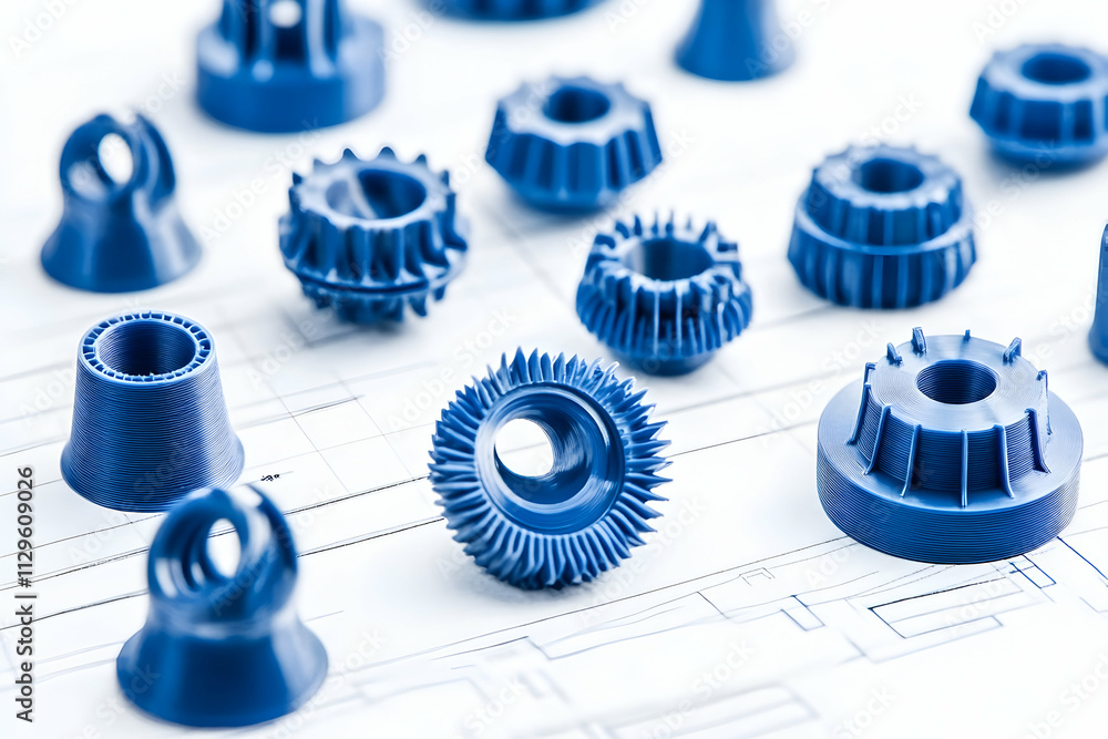Blue 3D printed parts on engineering drawings. Stock Illustration ...