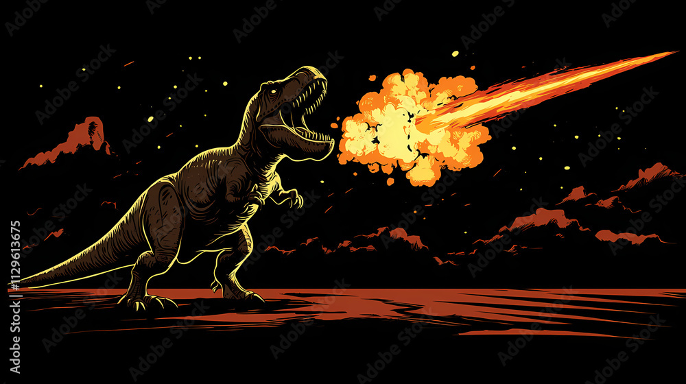 Tyrannosaurus rex roaring with fiery meteor - a menacing t rex roars as ...