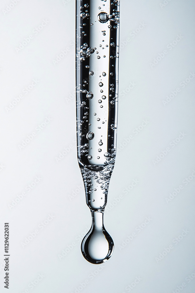 A single dropper with liquid suspended in the air, against a white ...