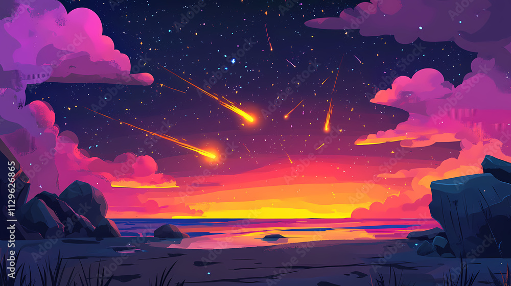 Cartoon illustrate of meteor shower in the starry night sky. stars sky ...