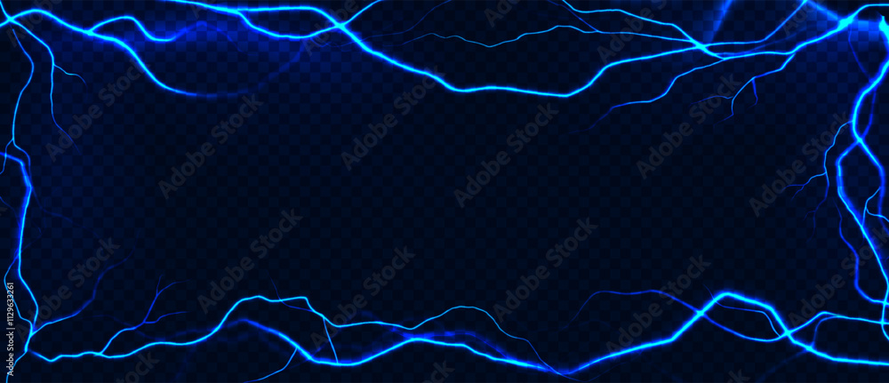 Lightning frame. Thunderbolt realistic effect rectangular border with ...