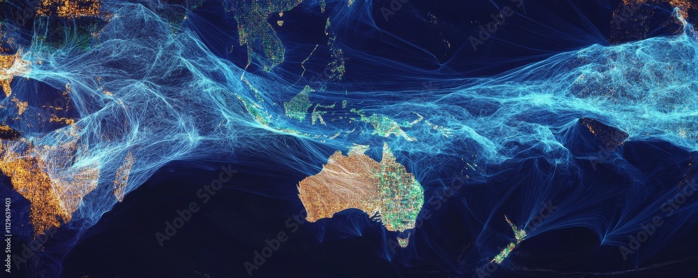 Satellite view of cargo ship routes with digital data overlays ...