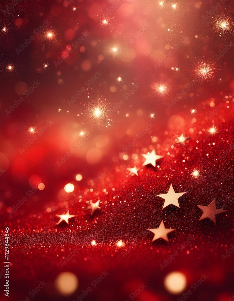 Red christmas glitter background with stars. Festive glowing blurred ...