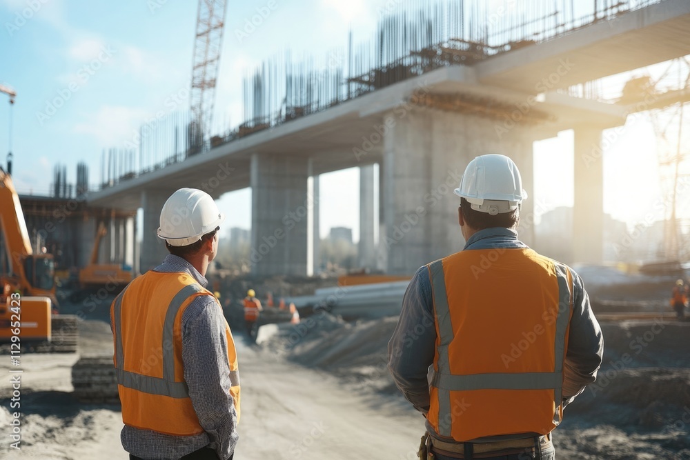 Civil engineers and architects inspecting high concrete bridge ...