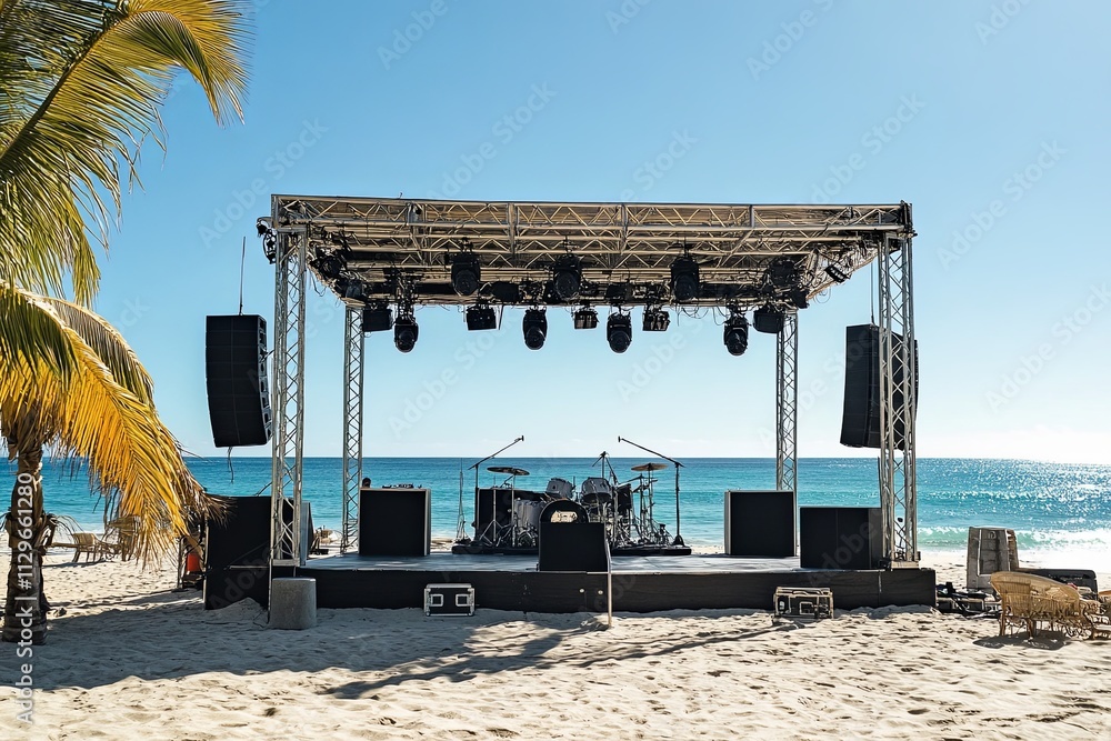 Music stage set up on a beach with palm trees and ocean in the ...