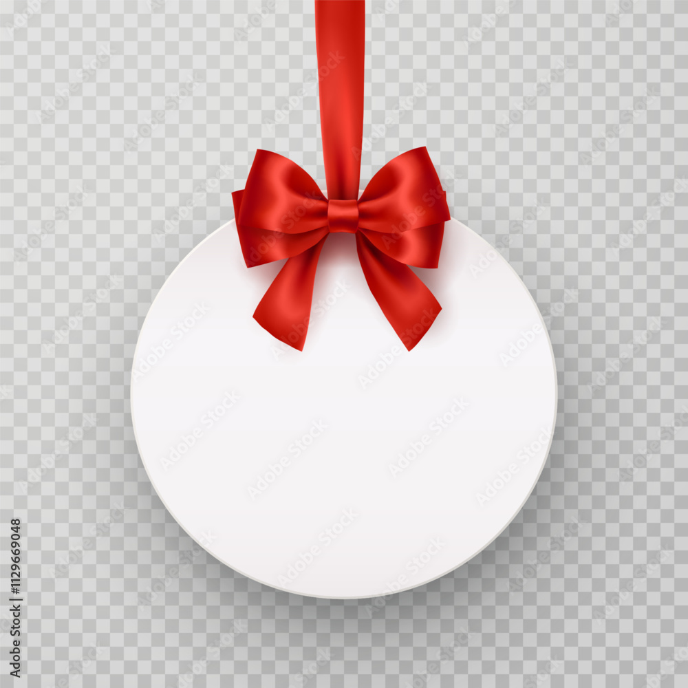 Round paper banner hanging on ribbon and red bow isolated on ...