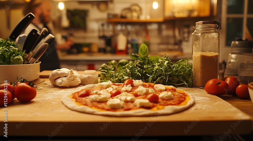 A kitchen countertop with ingredients for a homemade pizza, a couple ...